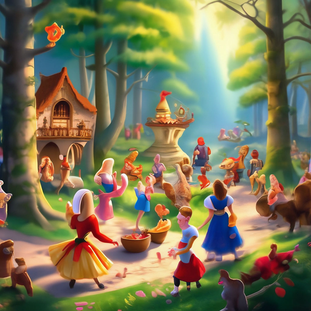 "The characters of famous fairy tales have fun in a forest clearing ...