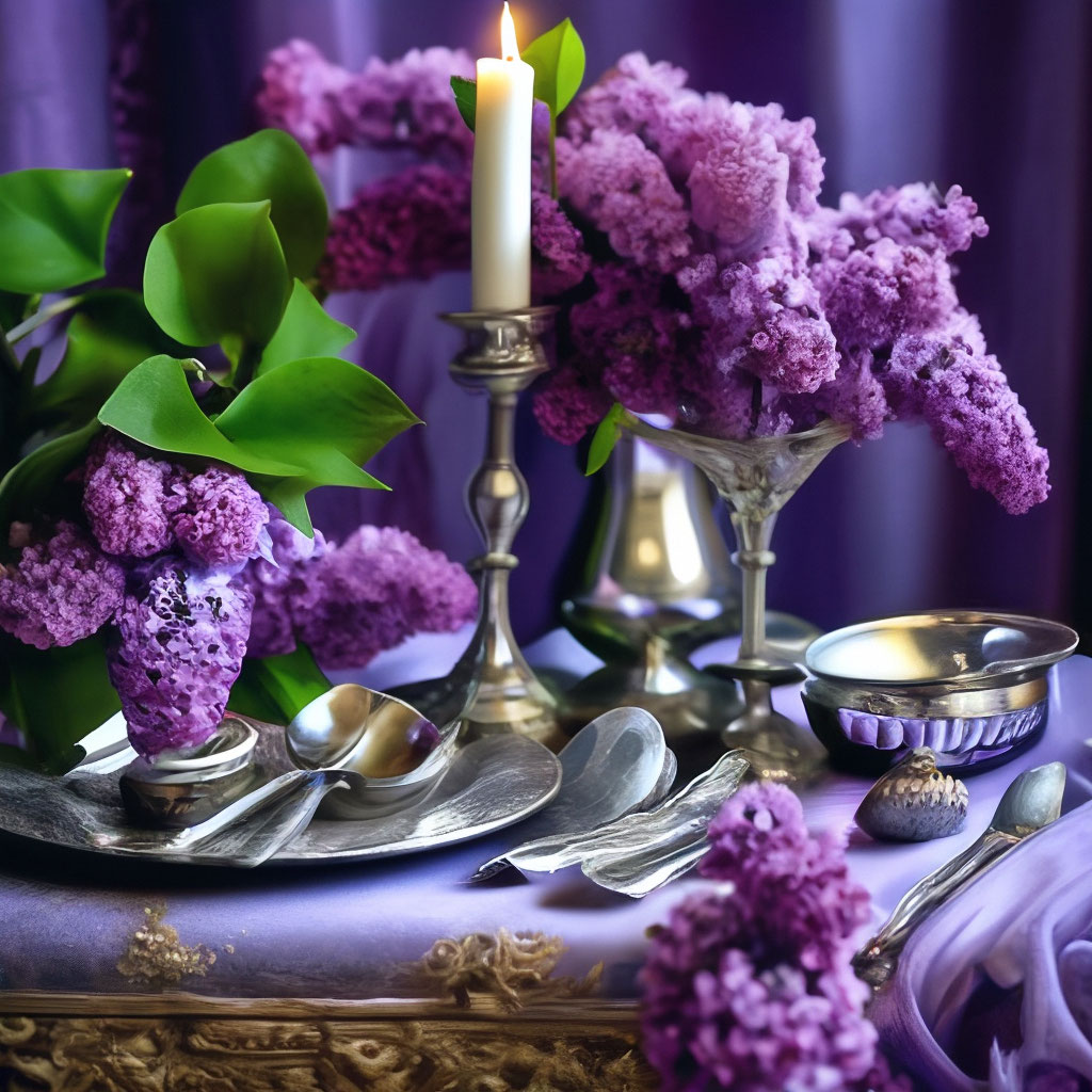 "Still life, lilac, silverware professional photo, realistic, high ...