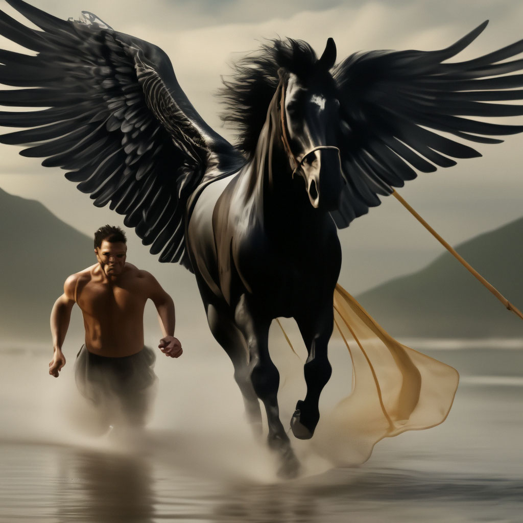 "Black pegasus . A man runs after him with a golden fishing net ...
