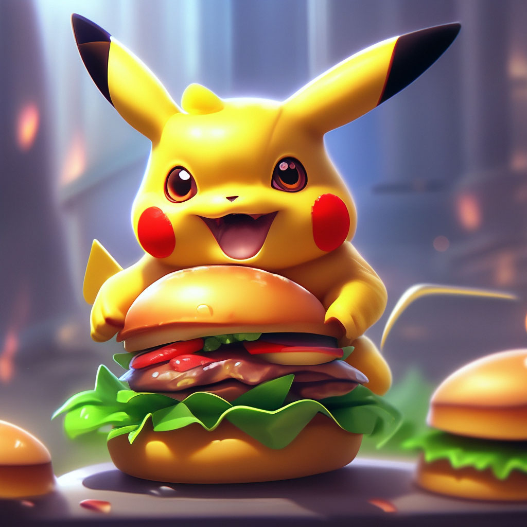 "Pikachu with a burger" — image created in Shedevrum