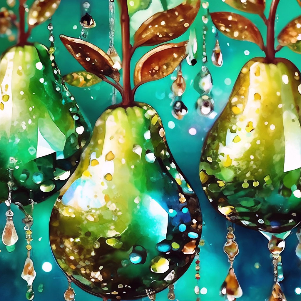 "Fantastic fruits mirror pears, trickles of water, drops, sparkles ...
