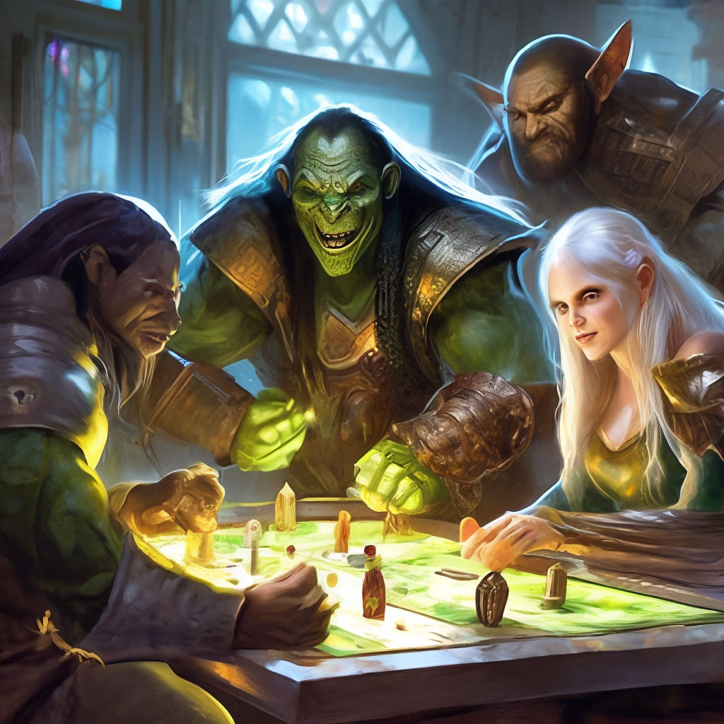 "Ogre+hobbit+dark elf+light elf+playing board games+high detail ...