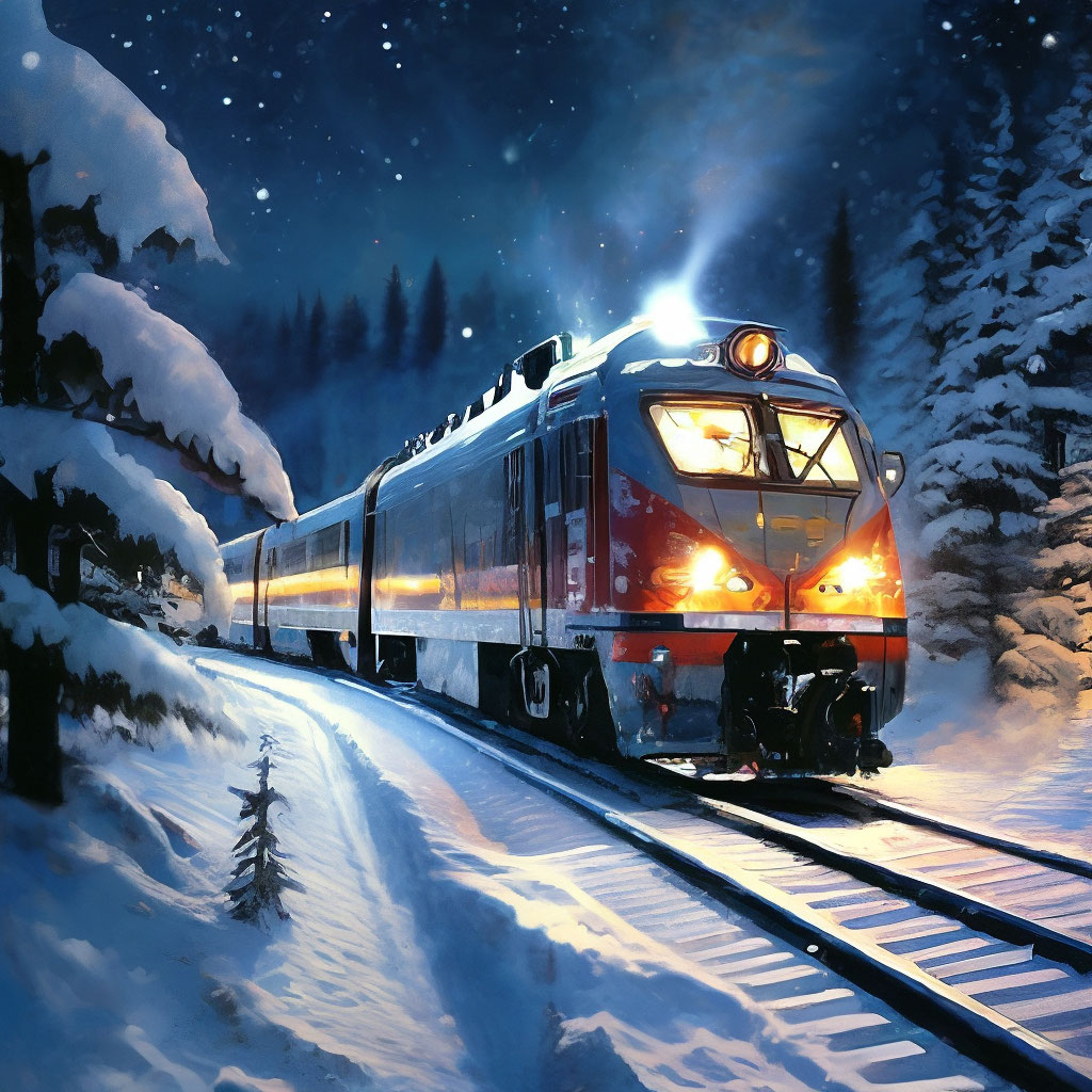 "Winter train at night" — image created in Shedevrum