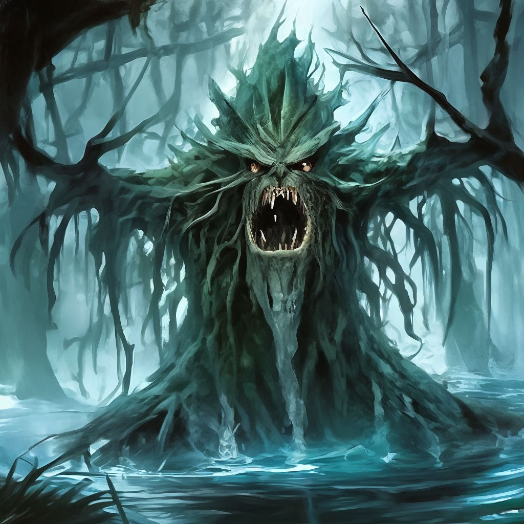 "Picture of a creepy tree with a face in water, Swamp ice monster ...