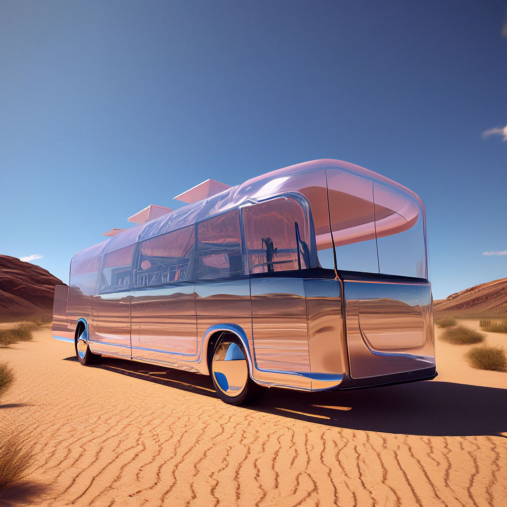 "Transparent van in the desert" — image created in Shedevrum