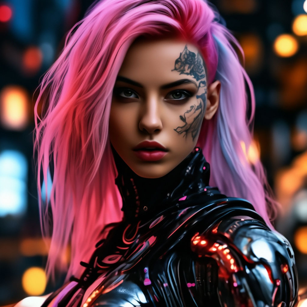 "A biomechanical cybernetic young punk cyborg girl with long shiny opal ...