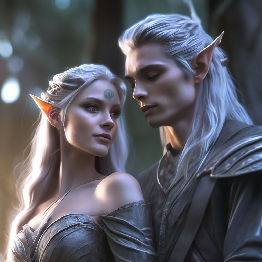 "Beautiful couple,dark elves,gray skin,he and she meet the dawn,full ...