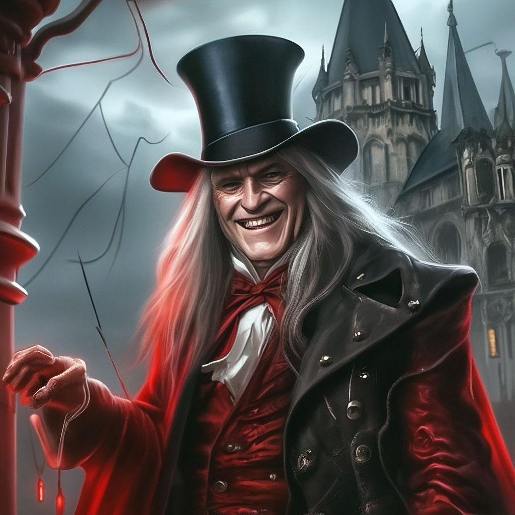 "Gothic castle, spider web, handsome old vampire, grin, fangs, long ...