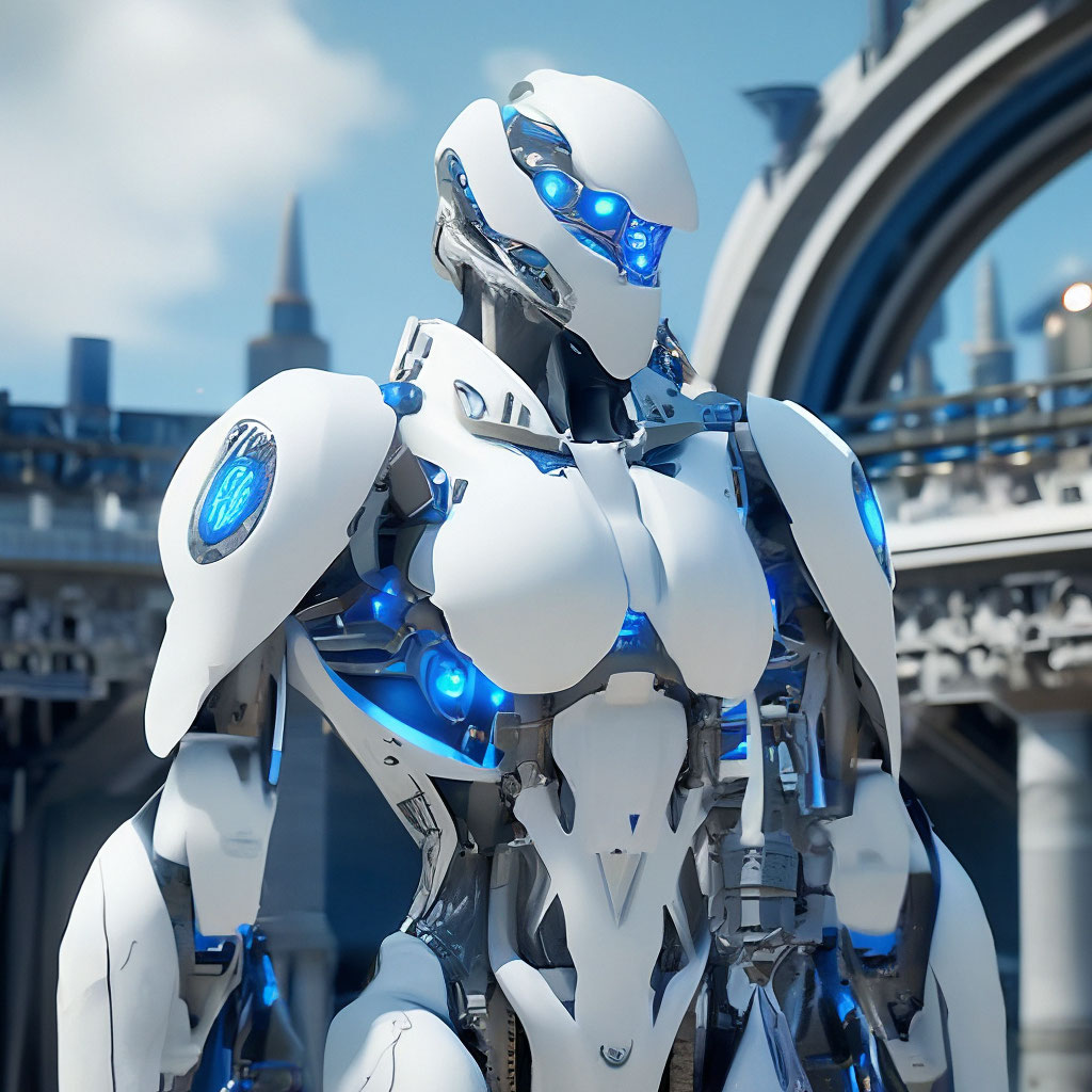 "White biorobot-biorobot with blue fragments, bionic limbs with a ...
