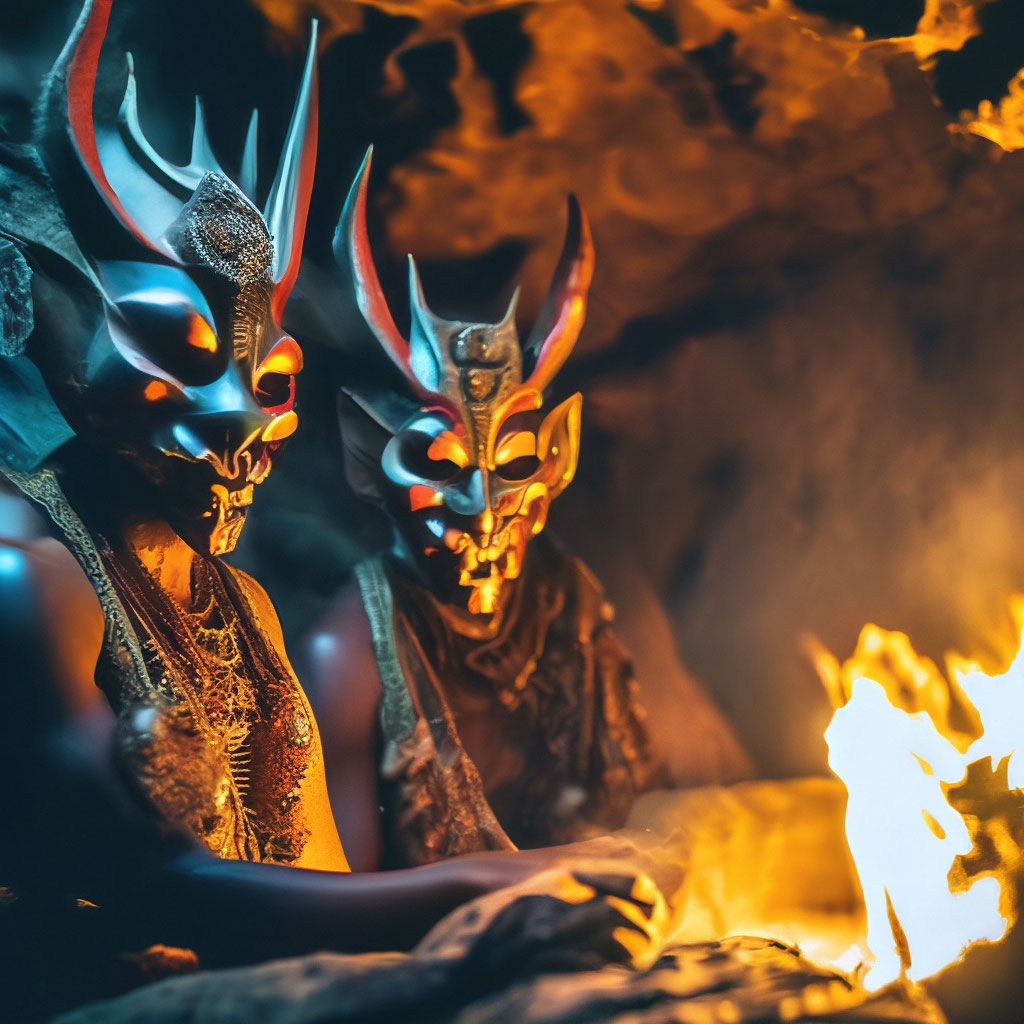 "There is a fire burning in a dark cave, surreal African demon masks ...