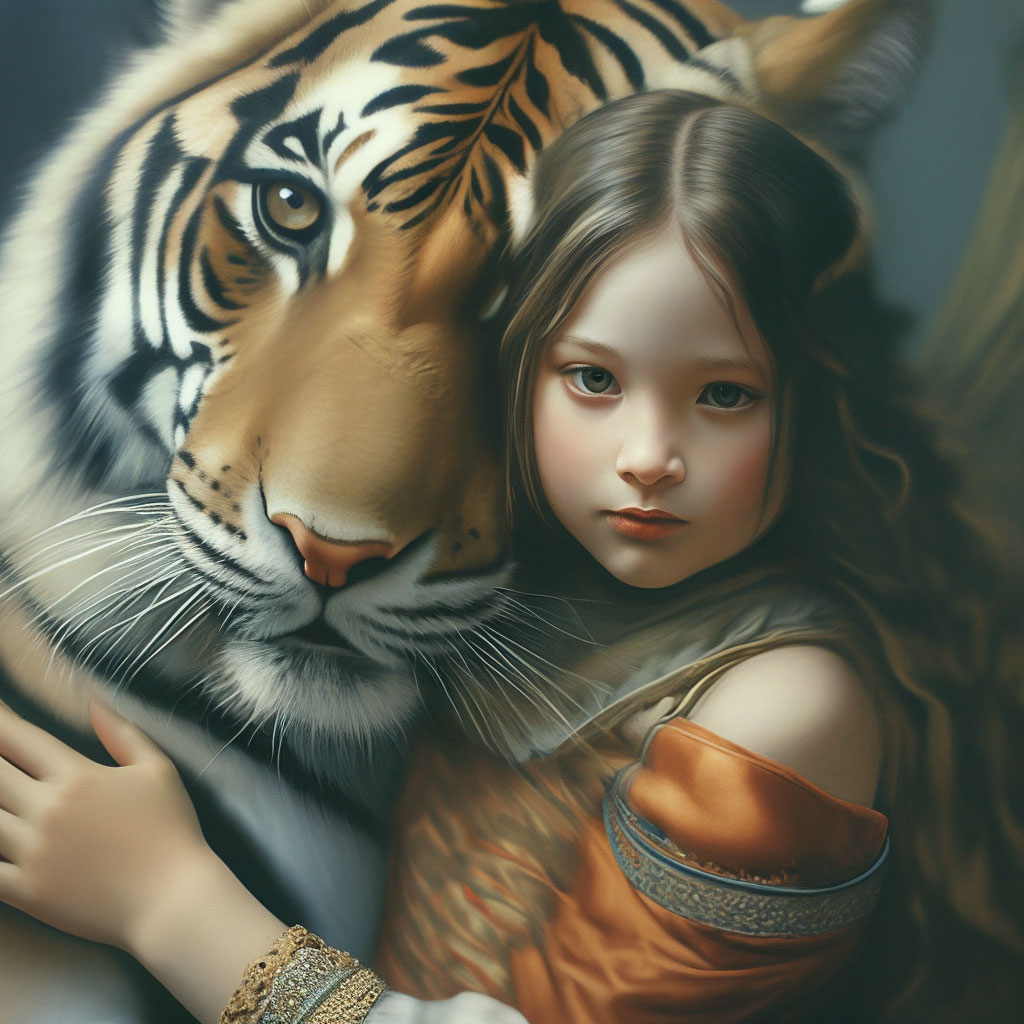 "A girl in the arms of a tiger" — image created in Shedevrum