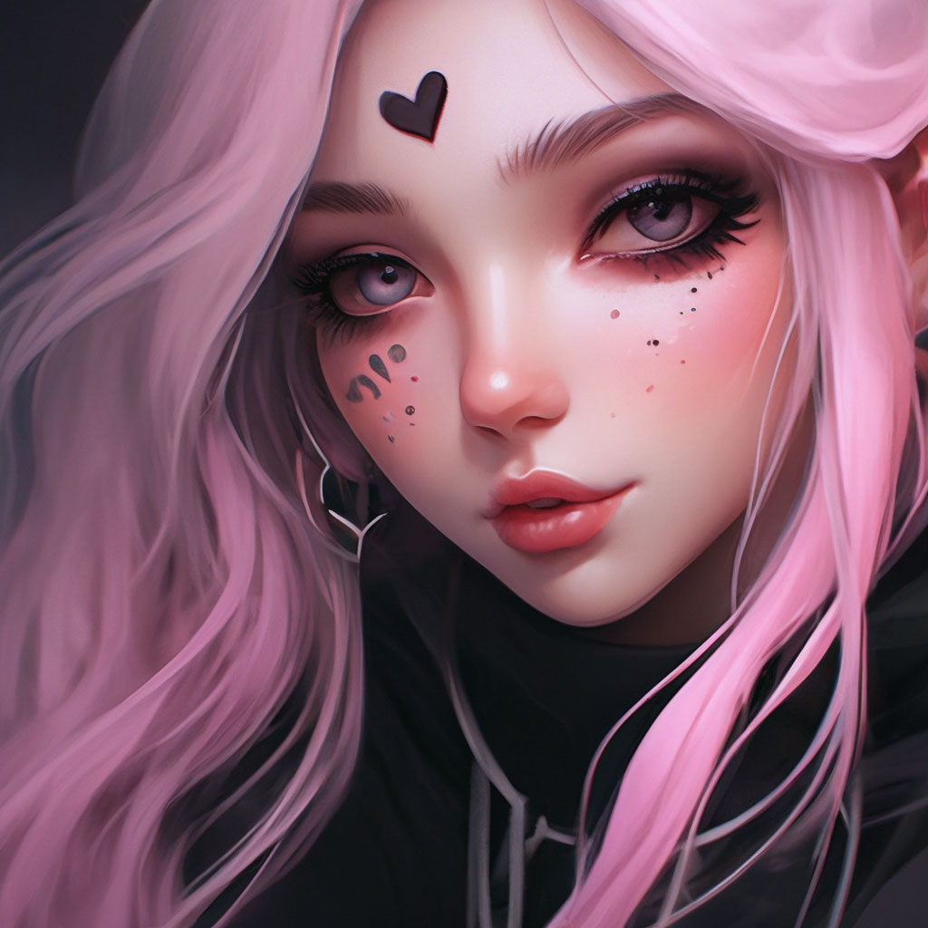 "-👾👾👾👾- girl, emo, got, elf, black long wavy hair, pink ombre, pink ...