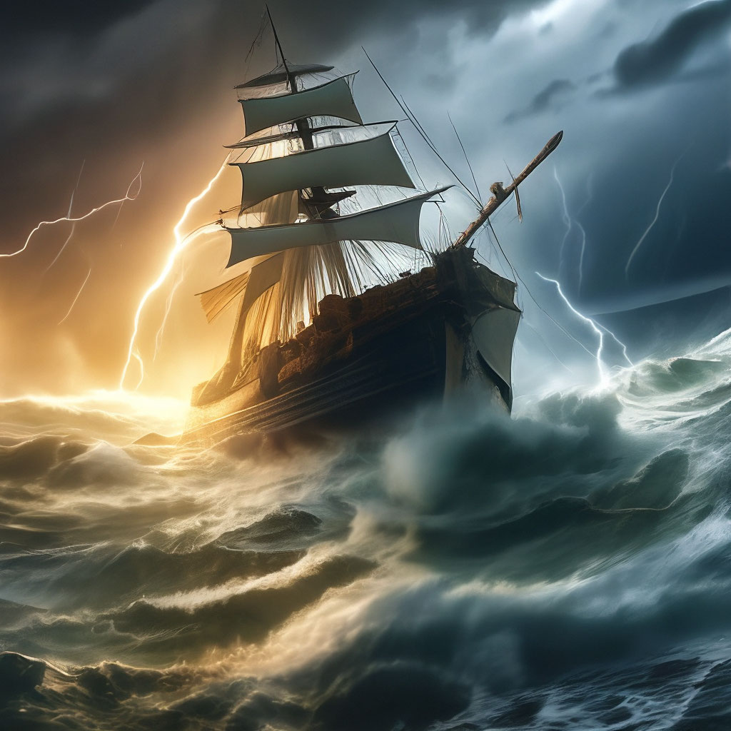 "Ship in a stormy sea, storm, lightning, water flows, splashes" — image ...