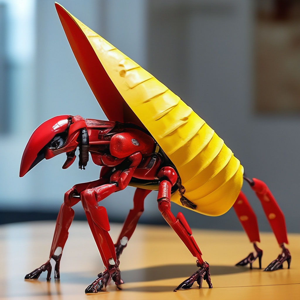 "A yellow-red robo cone that walks on four legs and with two claws ...