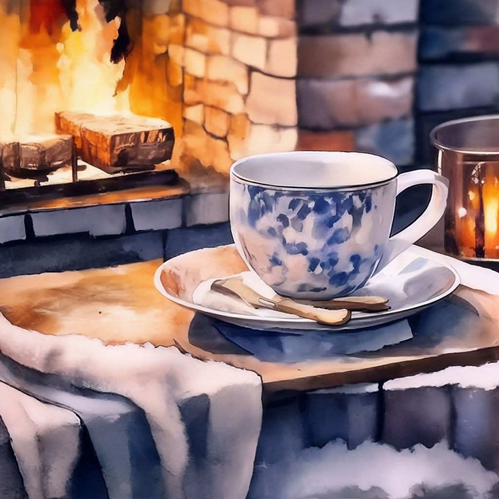 "Winter mood , comfort,fireplace, tea, detailed watercolor,ink drawing ...