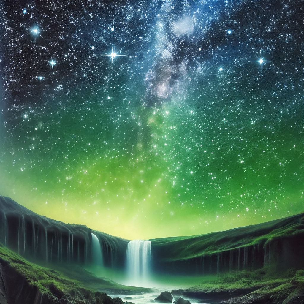 "Star waterfall, green mist, open space, realistic, beautiful ...