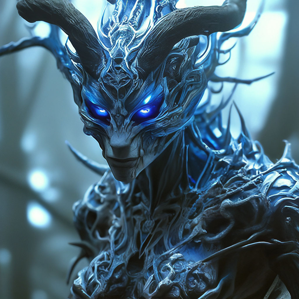 "Hyperrealism, beautiful misty, consisting of blue spectacular demon ...