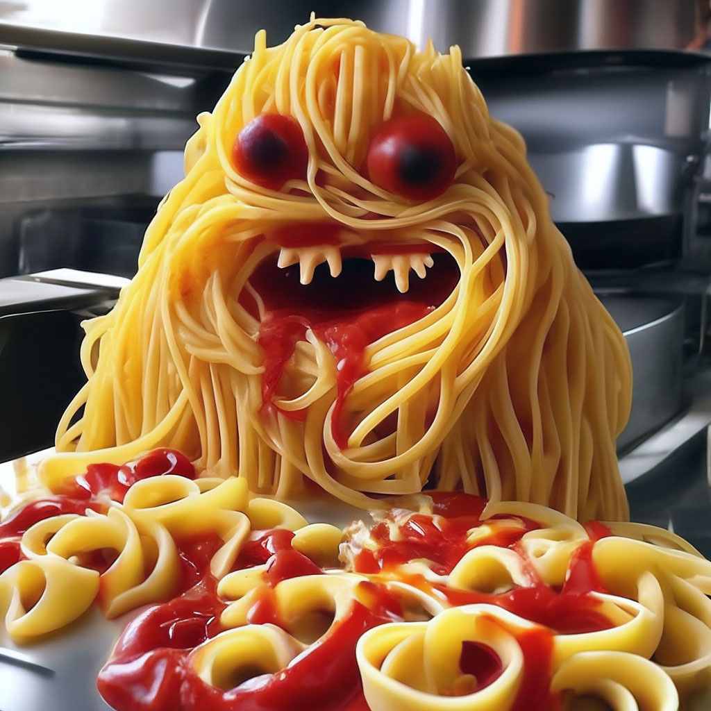 "The monster of pasta and ketchup is real" — image created in Shedevrum