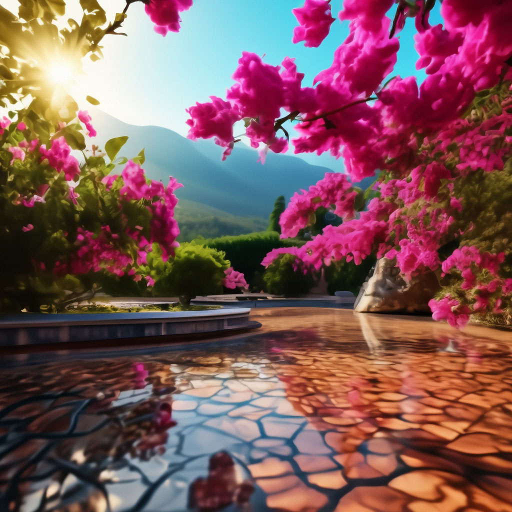 "Bougainvillea in a garden in Crimea, mosaic fragments, ultra-wide ...
