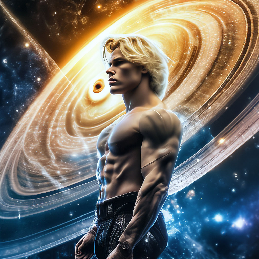 "Cosmos,body art, beautiful man-saturn,full-length, brutal, majestic ...