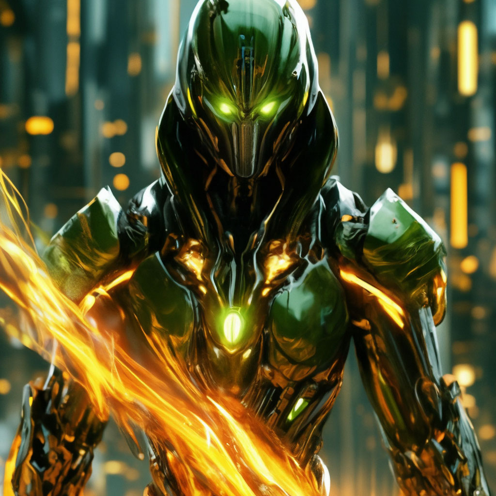 "Cyborg sorcerer with fire" — image created in Shedevrum