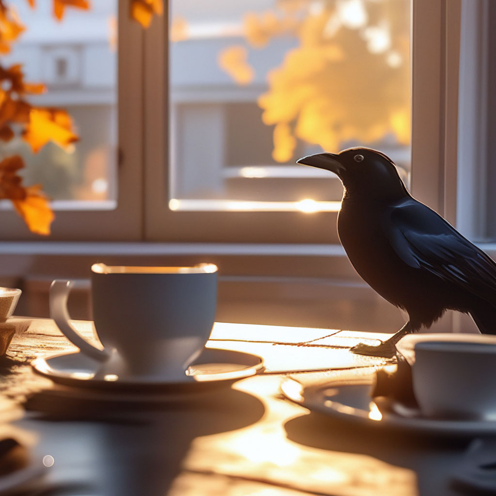 "Morning, a crow under your feet, a cup of coffee on the table, steam ...