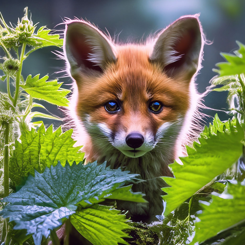 "In the foreground is a nettle with large leaves, a mimic fox cub ...