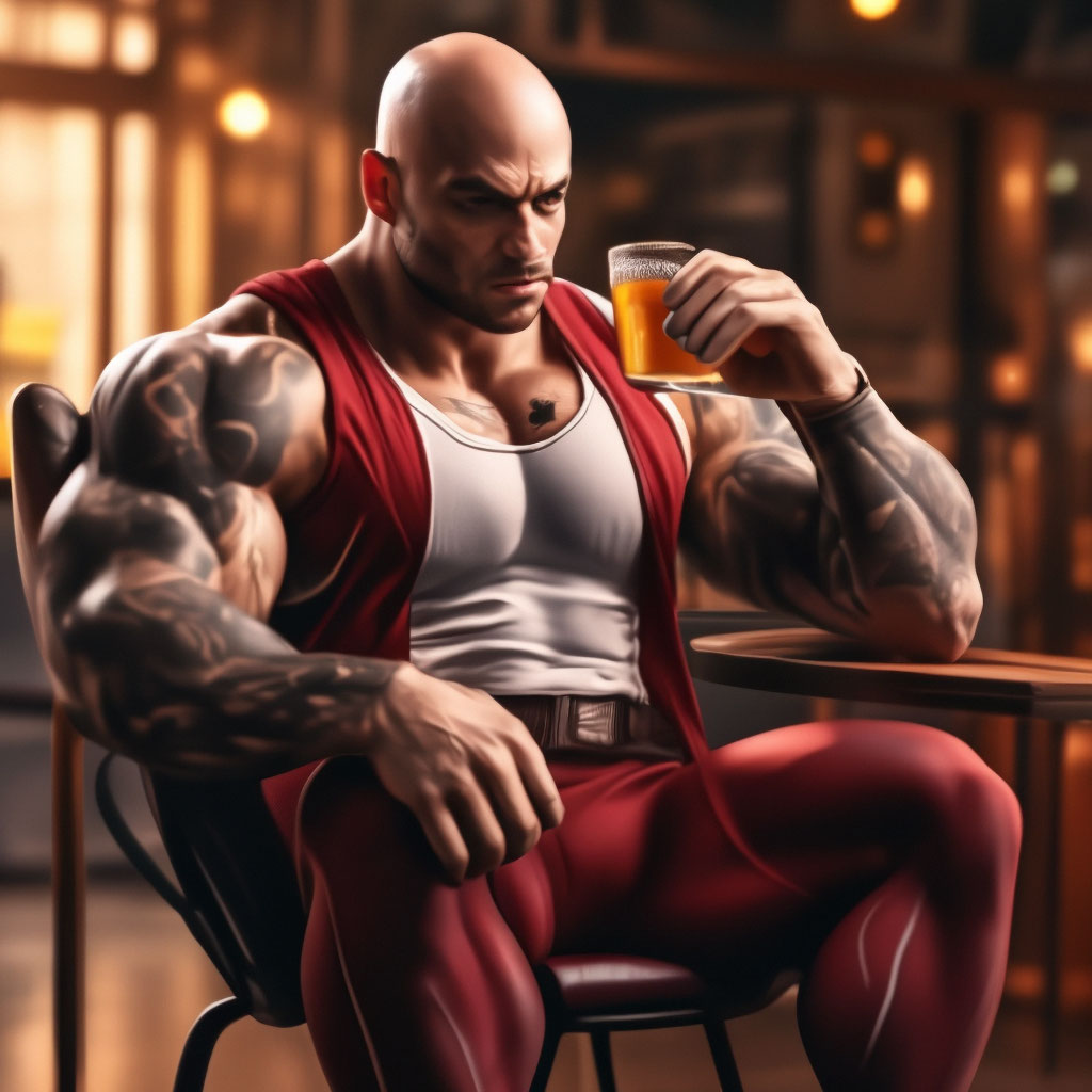 "Muscular anthropomorphic bald spider bodybuilder tattoos in a chair ...