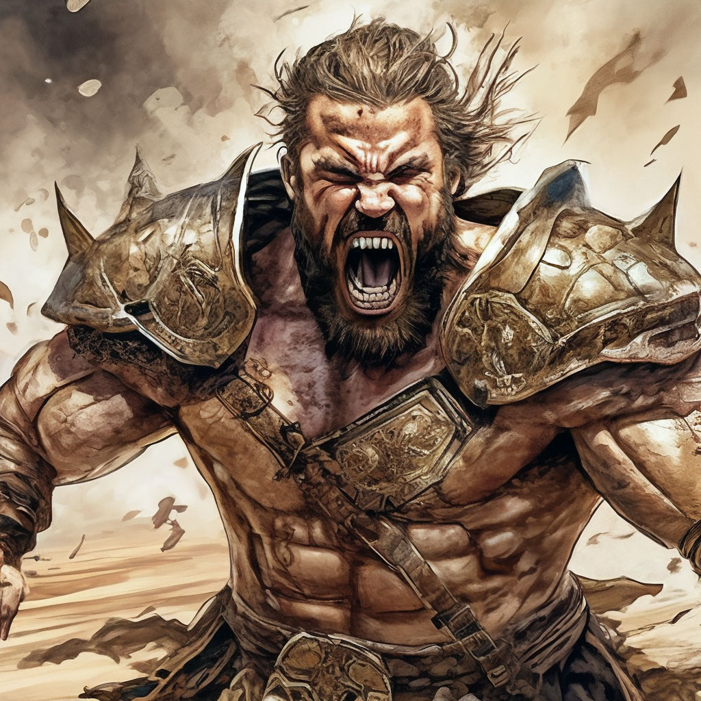 "Computer graphics,watercolor,background,sand,angry muscular bearded ...