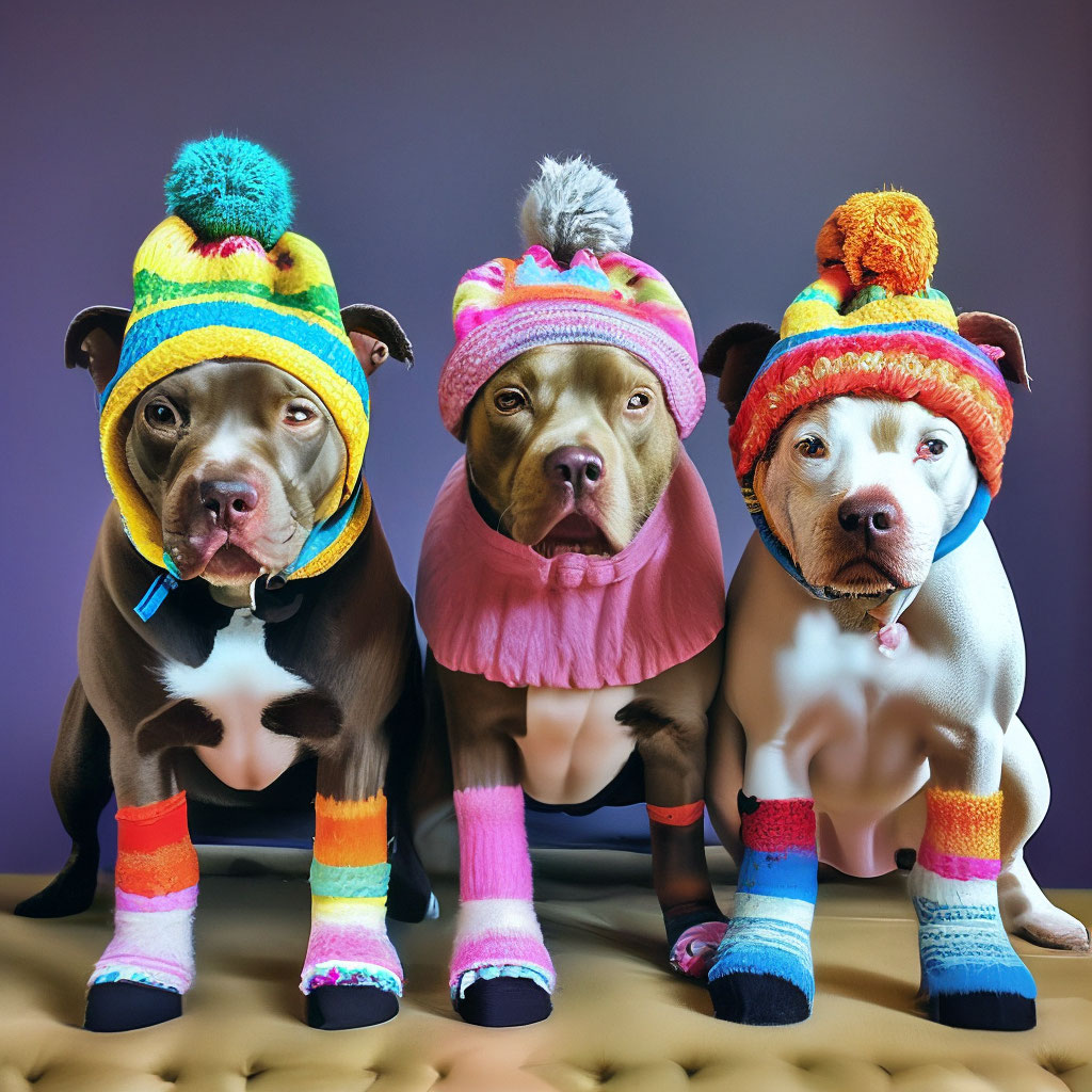 "3 pit bulls of different colors stand in knitted hats and knitted ...