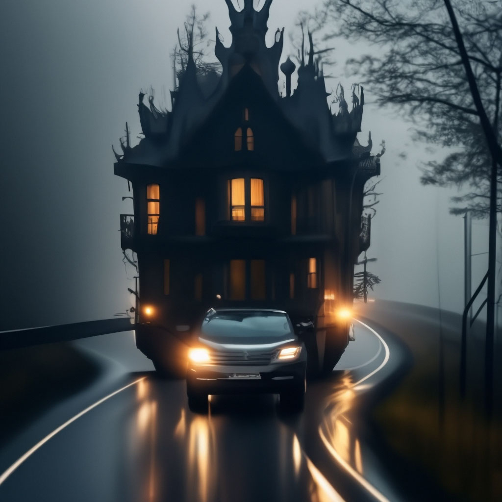 "A multi-storey house on wheels rushes along the highway" — image ...
