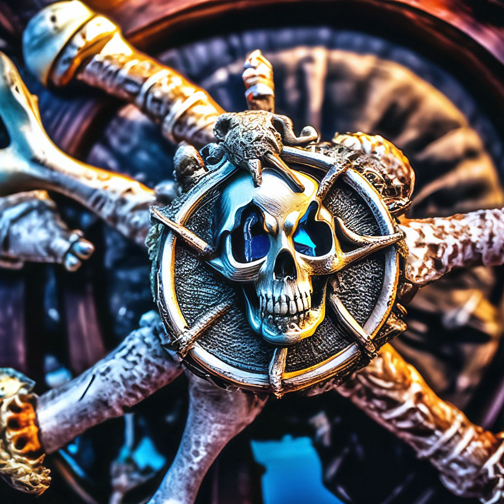 "Psychedelic, pirate skeleton ,holds wooden ship steering wheel, raging ...