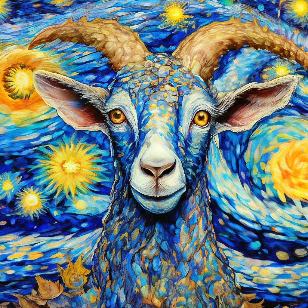 "Star goat in the style of Van Gogh,detailed and clear drawing ...