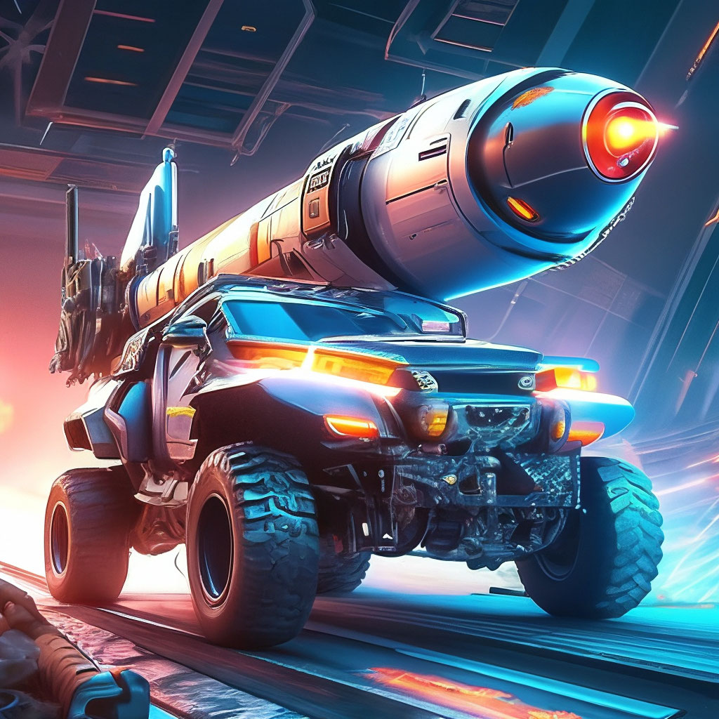 "A hybrid of a jeep and a rocket in the style of science fiction, with ...