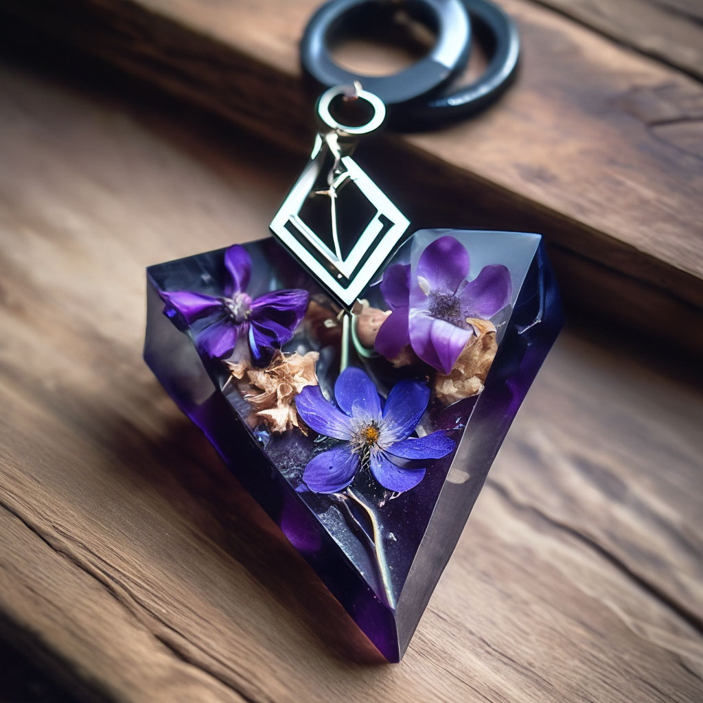 "A keychain made of epoxy resin and dried flowers lies on the table ...