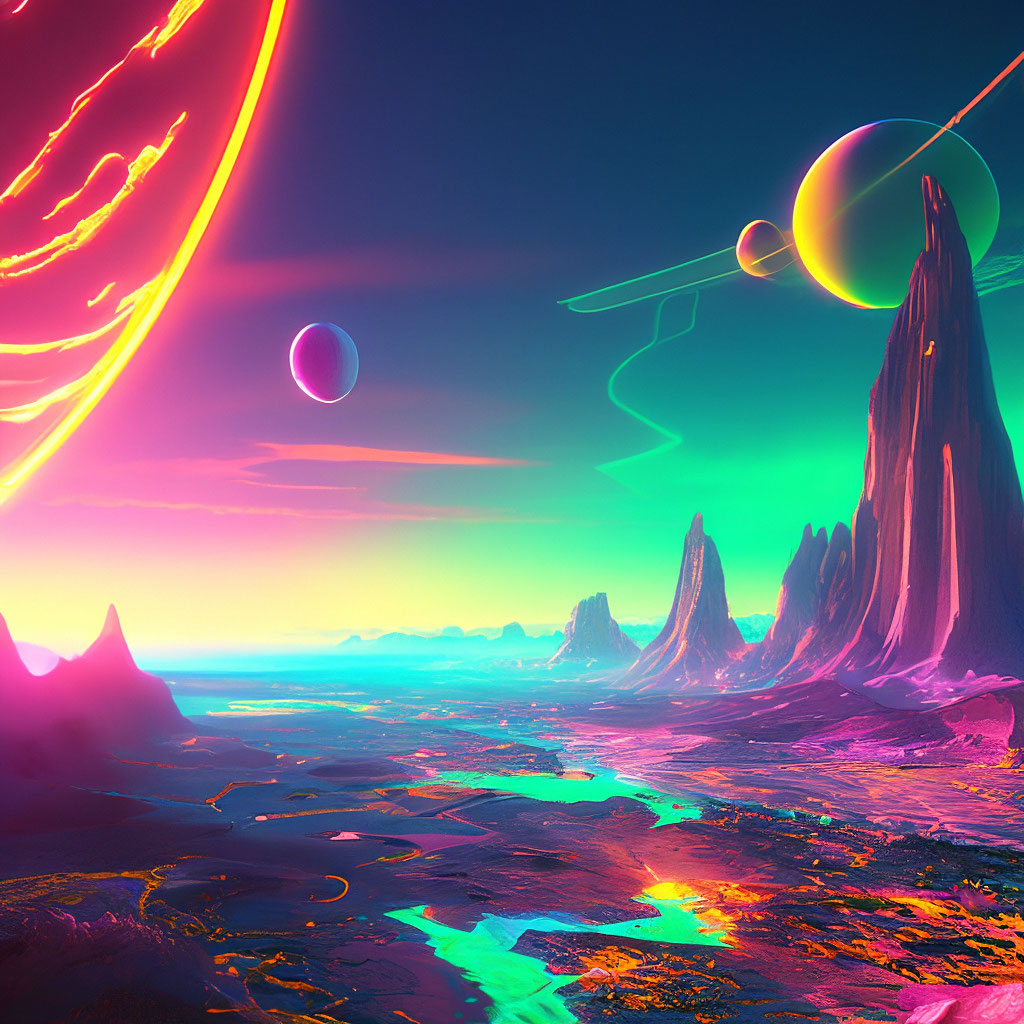 "Planets, neon colors, pink orange yellow purple blue green turquoise ...