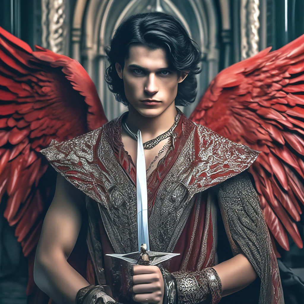 "Conceptual portrait of a guy, 20 years old, red wings behind his back ...