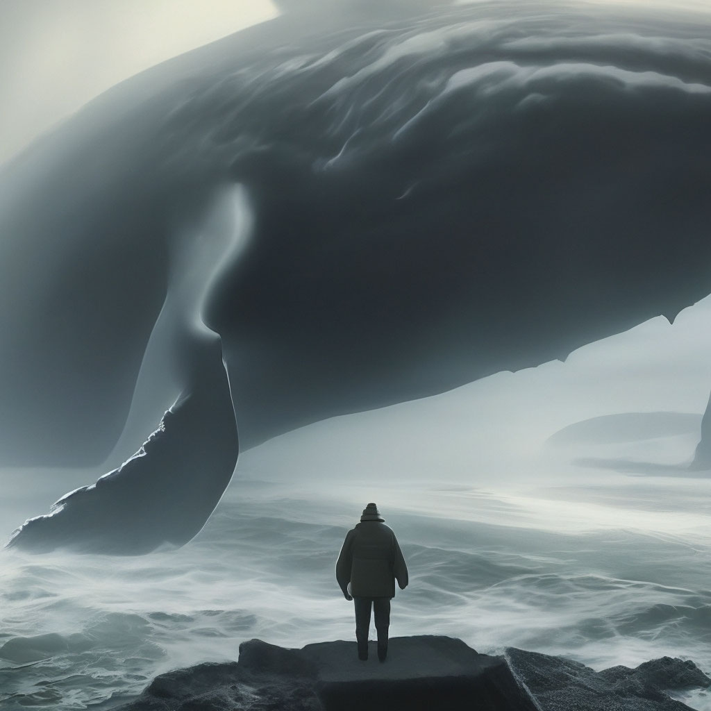 "🗯️ northern landscape, north sea, huge massive whale overhead ...