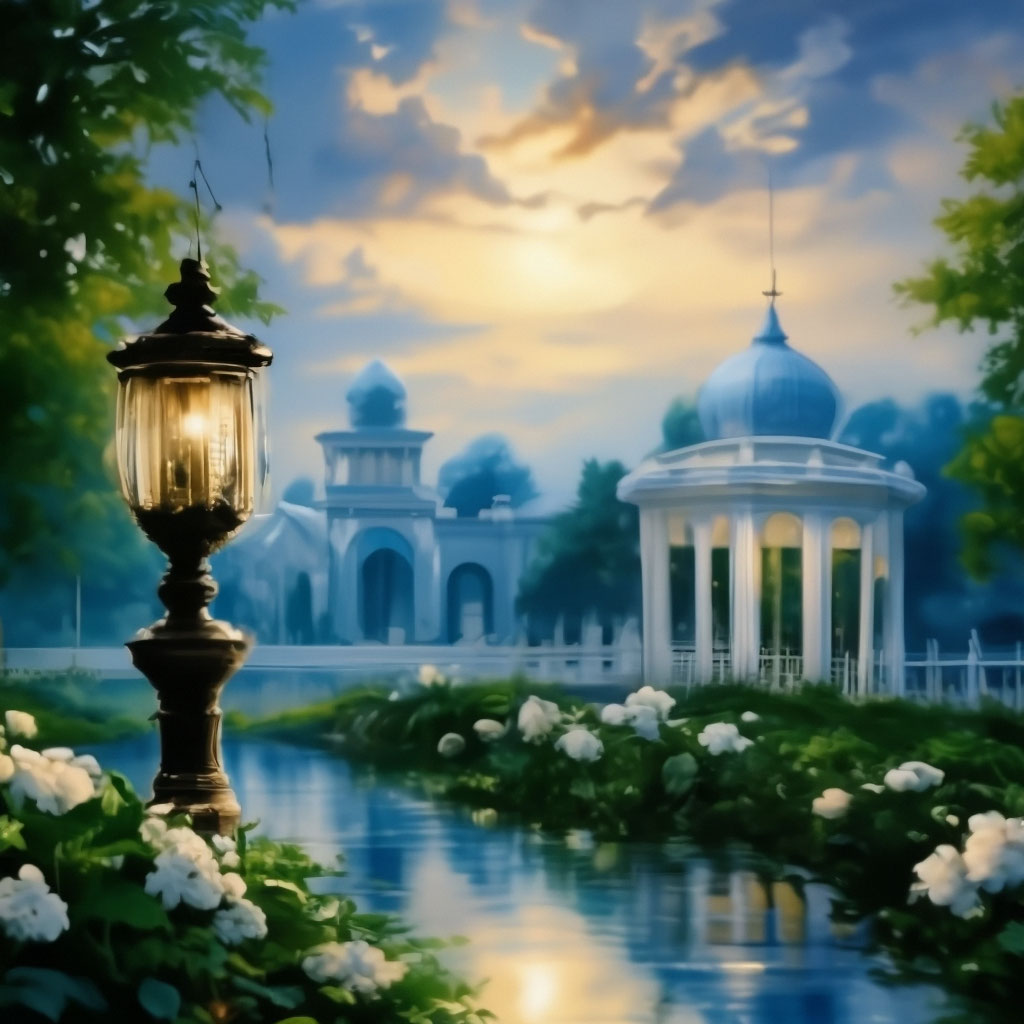 "The summer landscape is beautiful in light blue tones, delicate white ...