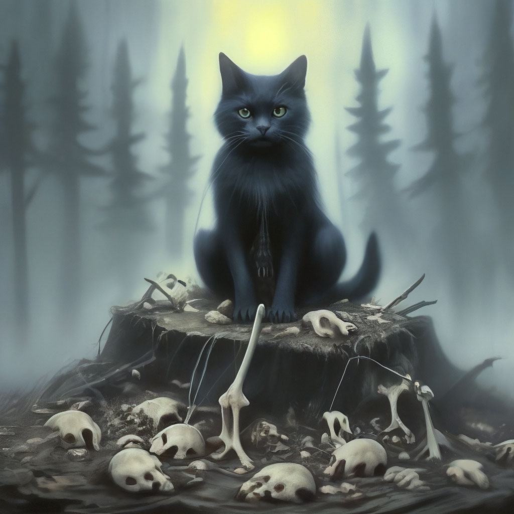 "The cat Bayun is sitting on a stump, bones are scattered around, fog ...