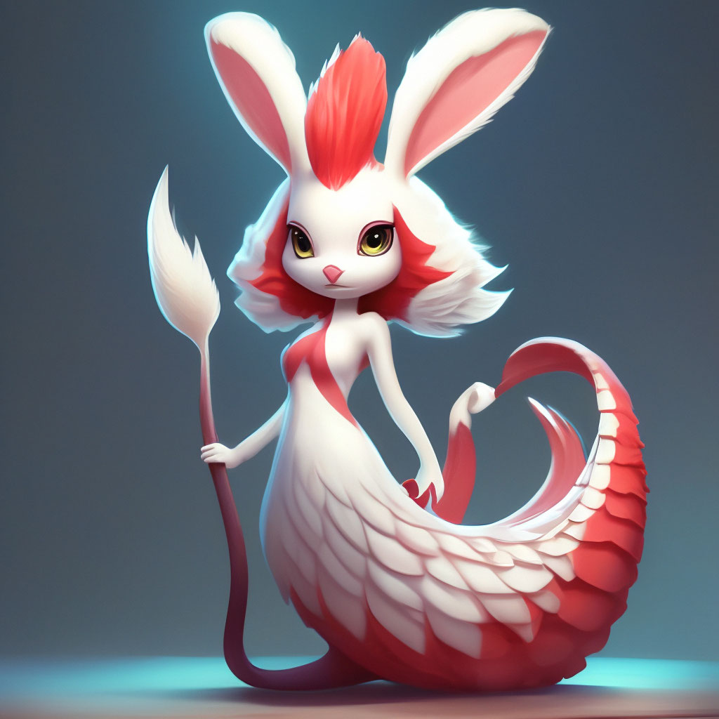 "White-red furry rabbit, a hybrid of rabbit + siren + girl, with fish ...