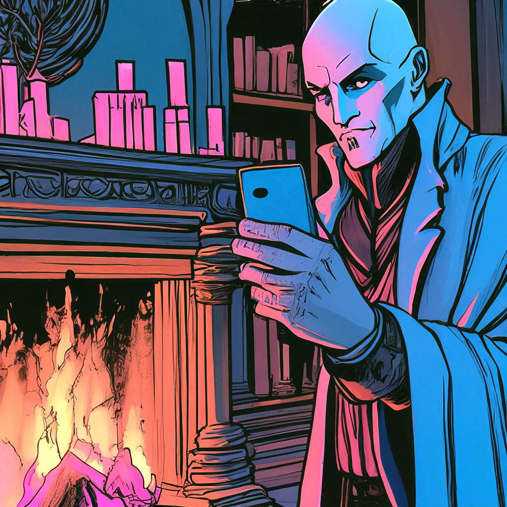"Color graphics, comics style, Voldemort standing by the fireplace ...