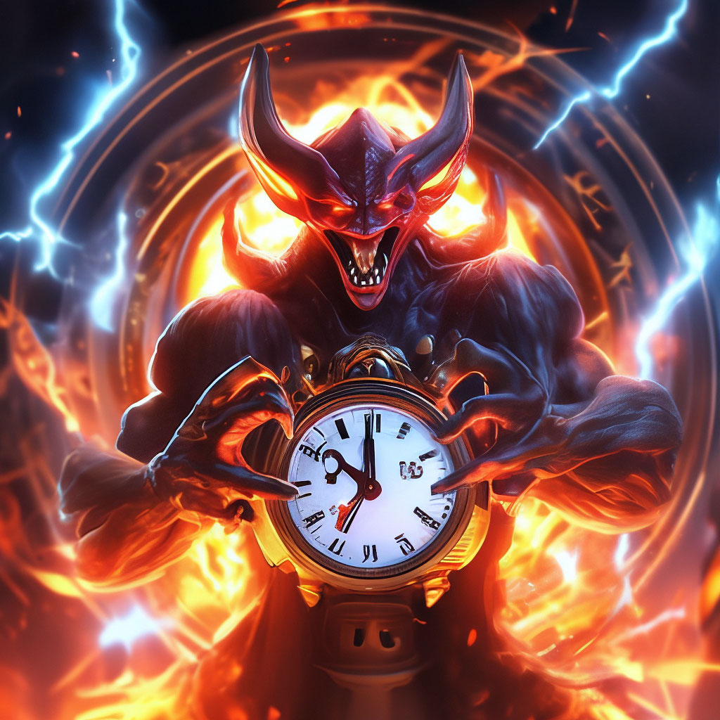 "A demon with a time machine in his hands horror smile on the ...