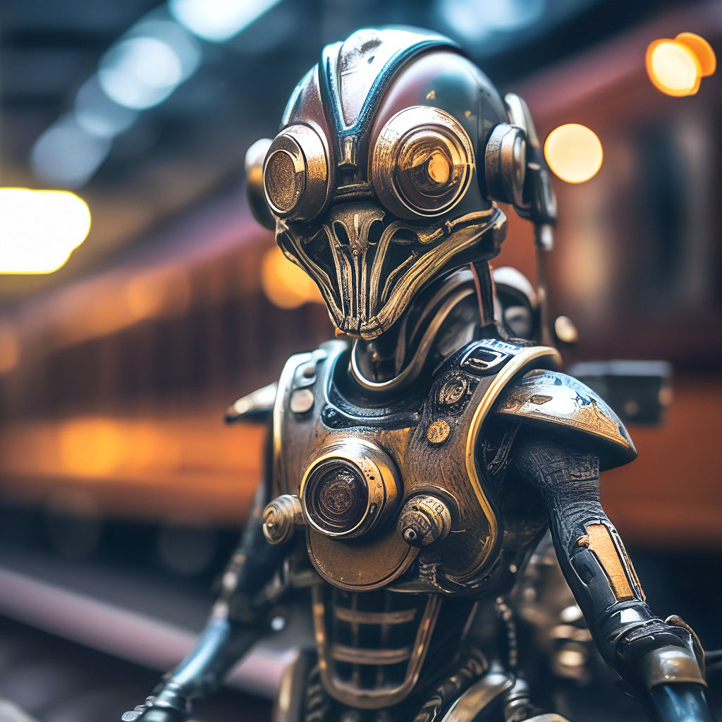 "Scary alien in steampunk style on the background of a space locomotive ...