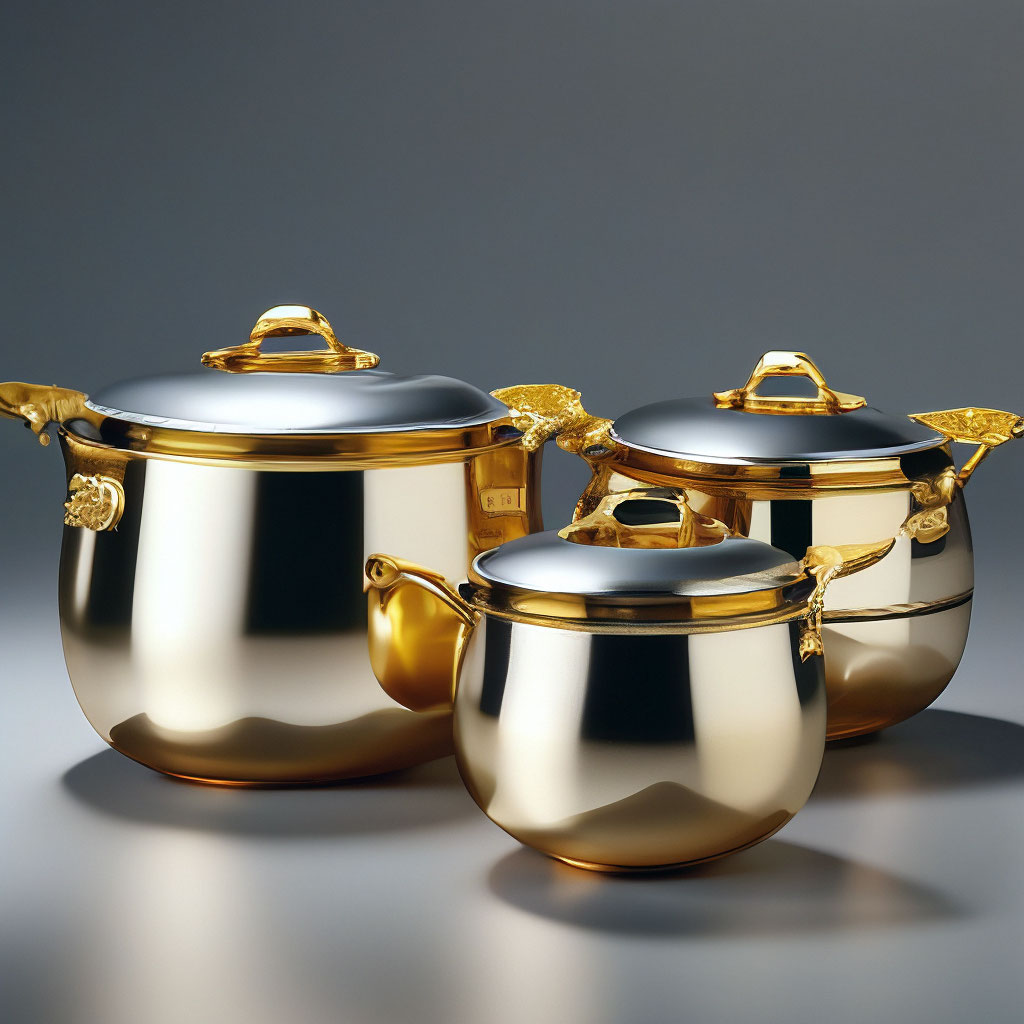 "A set of stainless steel and gold alloy pots" — image created in Shedevrum
