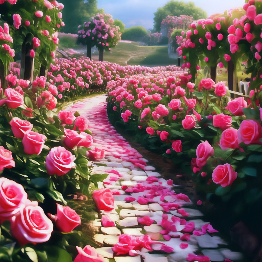 "A path of roses, beautiful, realistic, high detail, professional photo ...