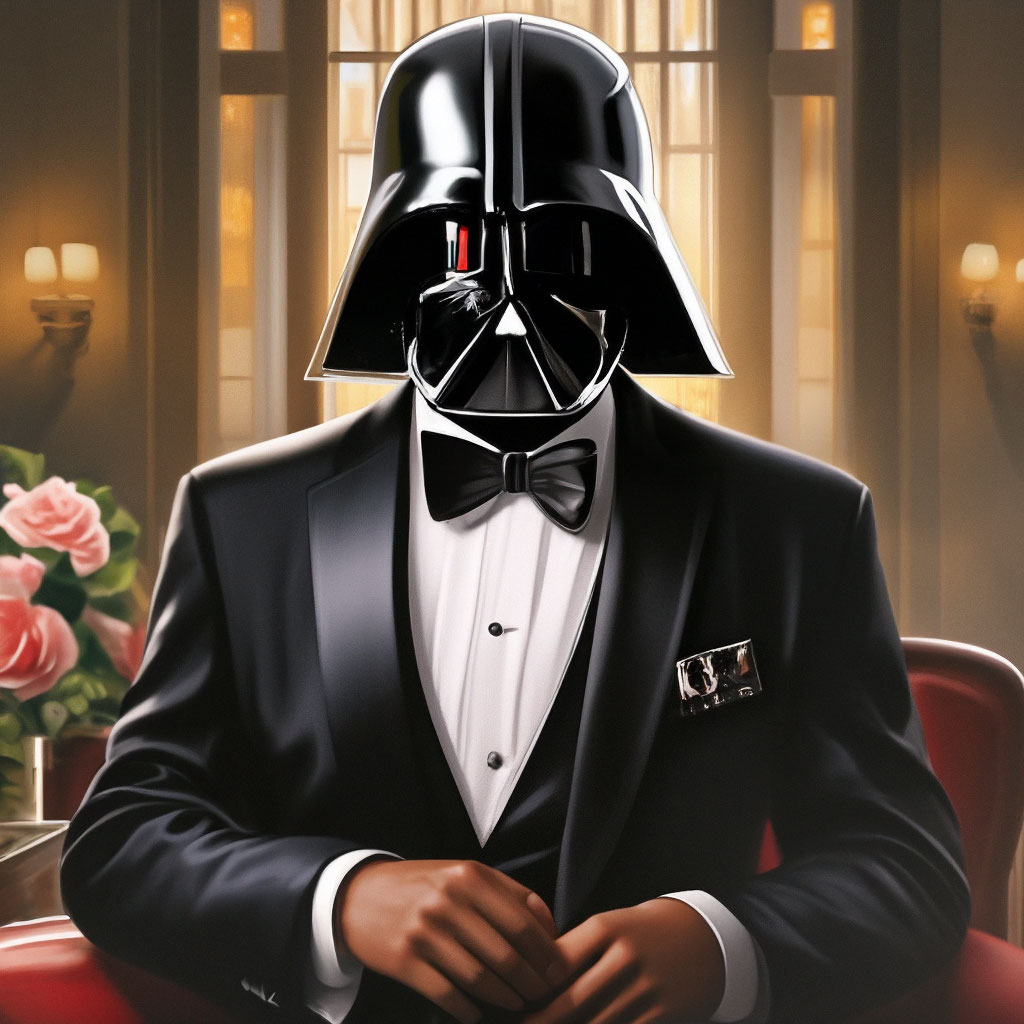 "Darth Vader in a tuxedo" — image created in Shedevrum