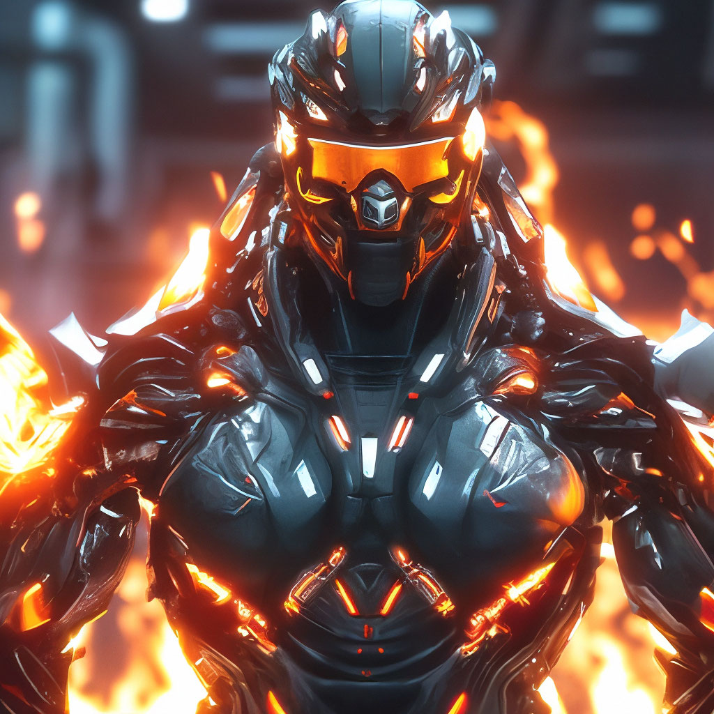 "Pumped-up, brutal cyborg in black armor with the image of fire and ...