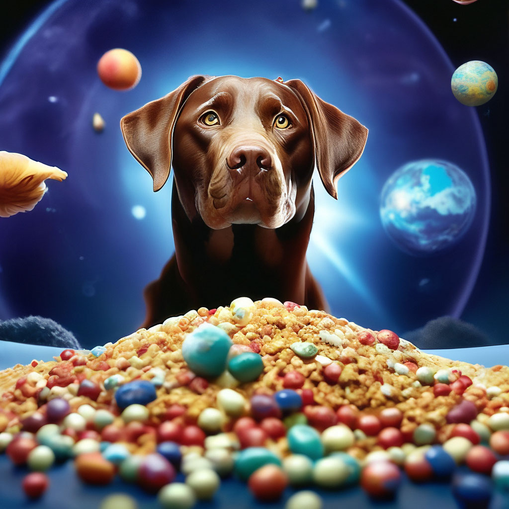 "Advertising of space-flavored dog food, pluto seeds" — image created ...