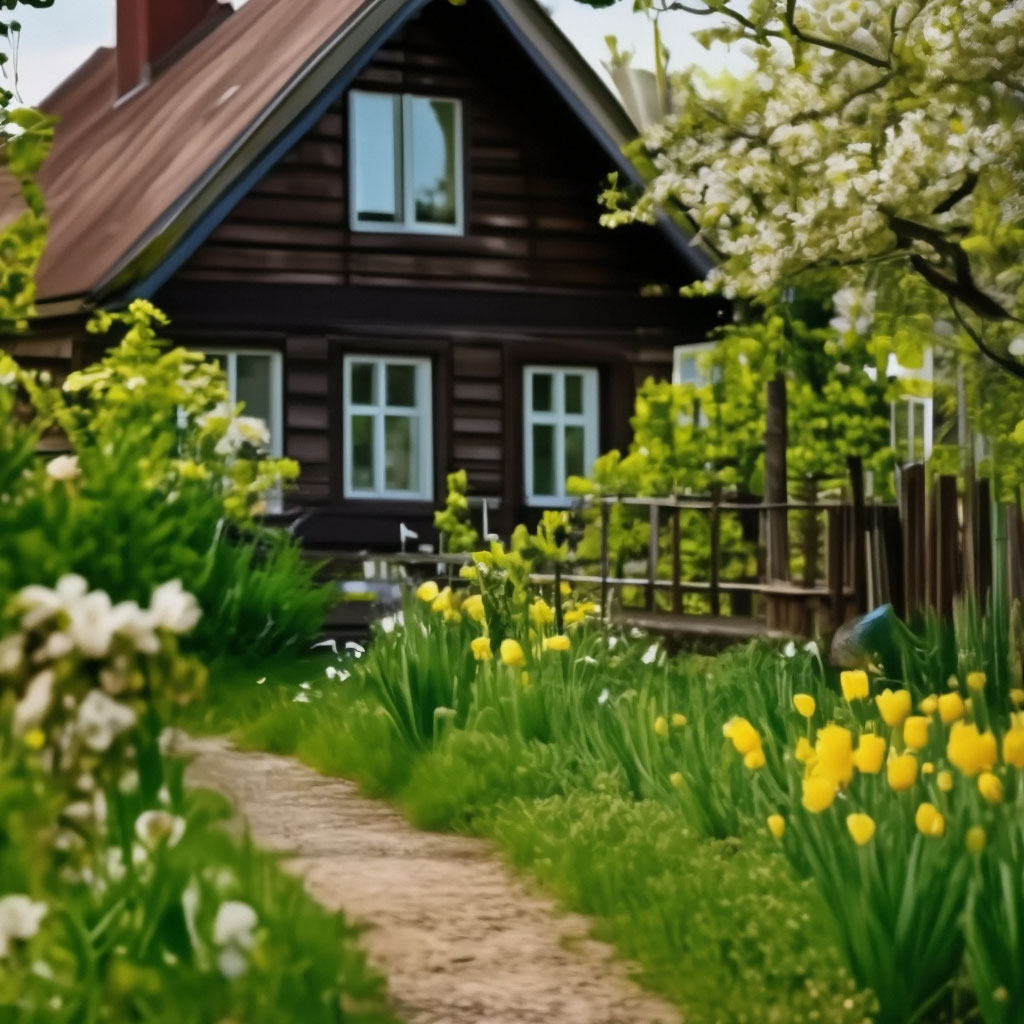 "A house in the village in spring, a blooming garden around ...